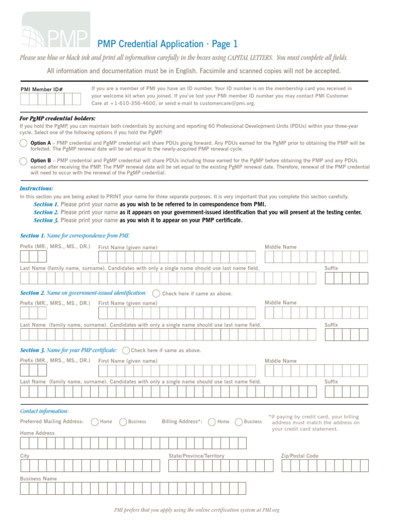 PMP Application Form Instructions | PDF