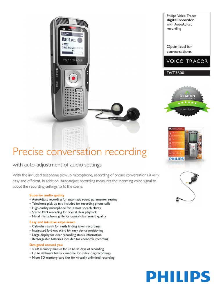 Philips DVT 3600 Voice Tracer Digital Recorder With Optimized For Conversations | PDF | Secure ...