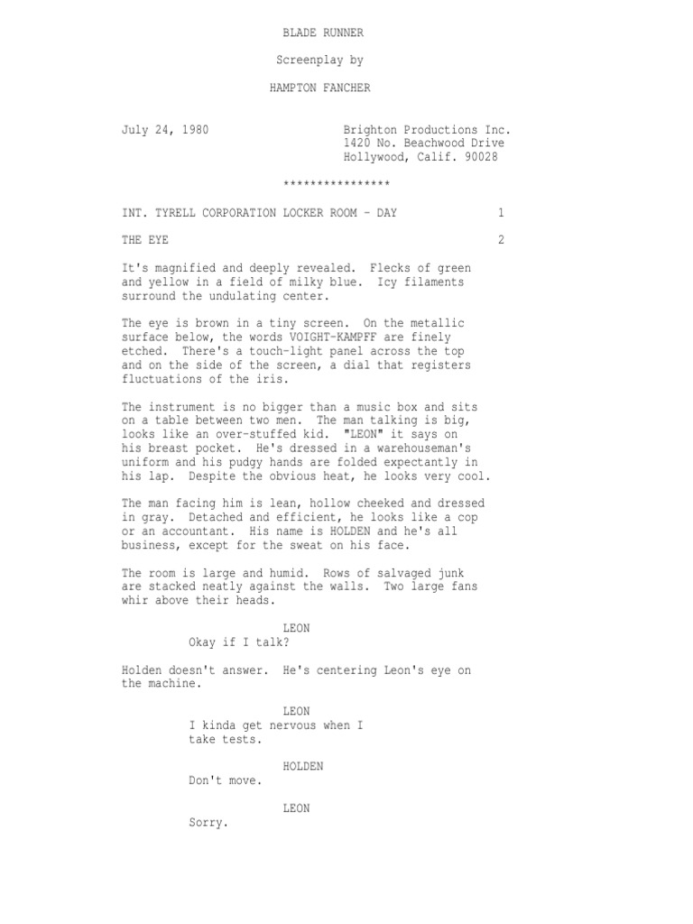 Blade Runner Script (1980) | Nature