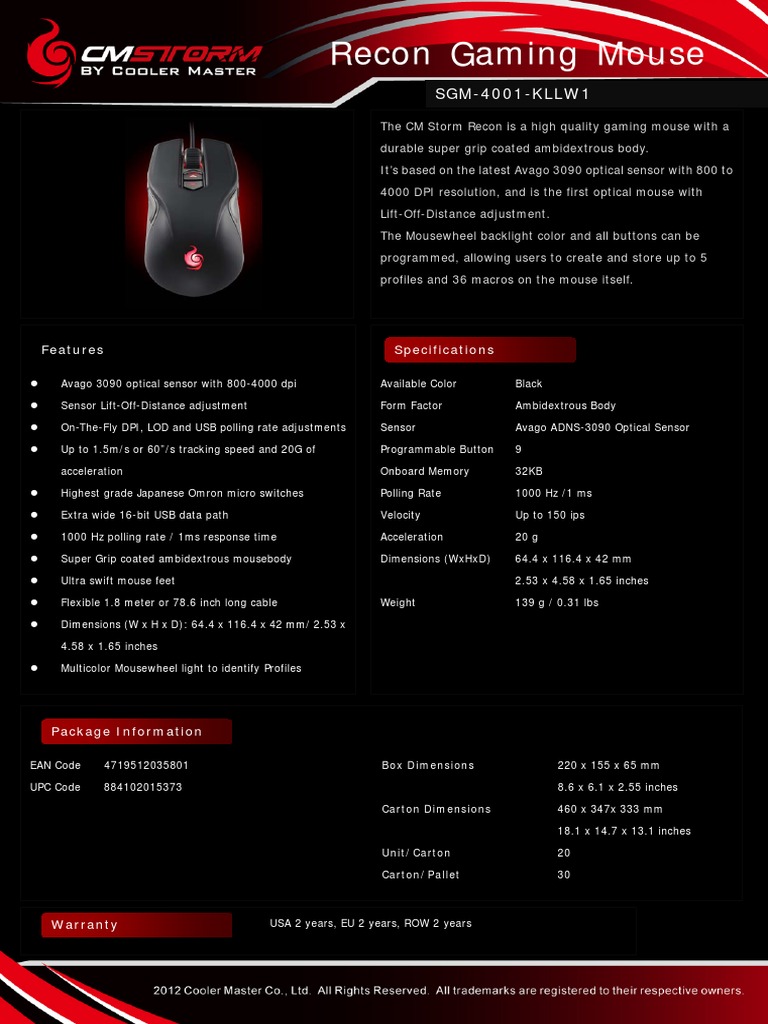 CM Storm Recon Gaming Mouse Specs | PDF | Technology & Engineering