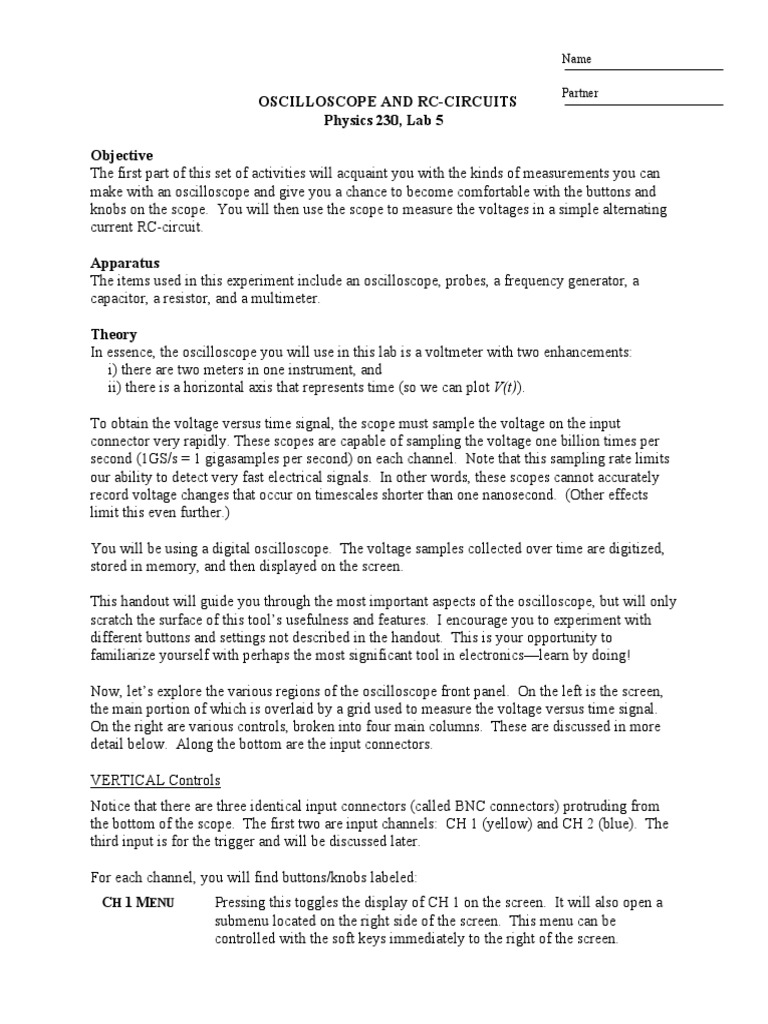 Oscilloscope and Rc-Circuits Physics 230, Lab 5 Objective: Name Partner | Download Free PDF ...
