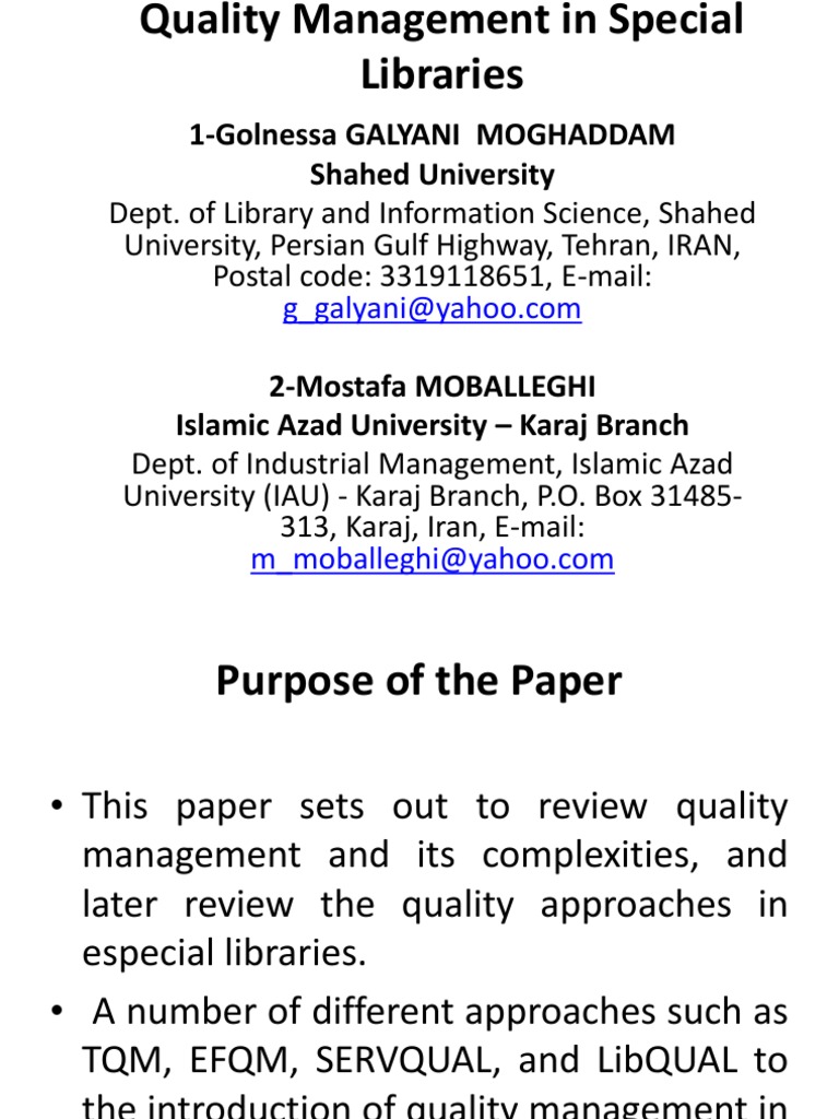 NORTHUMBRIA PRESENTATION Quality Management in Special Libraries | PDF | Quality Management ...