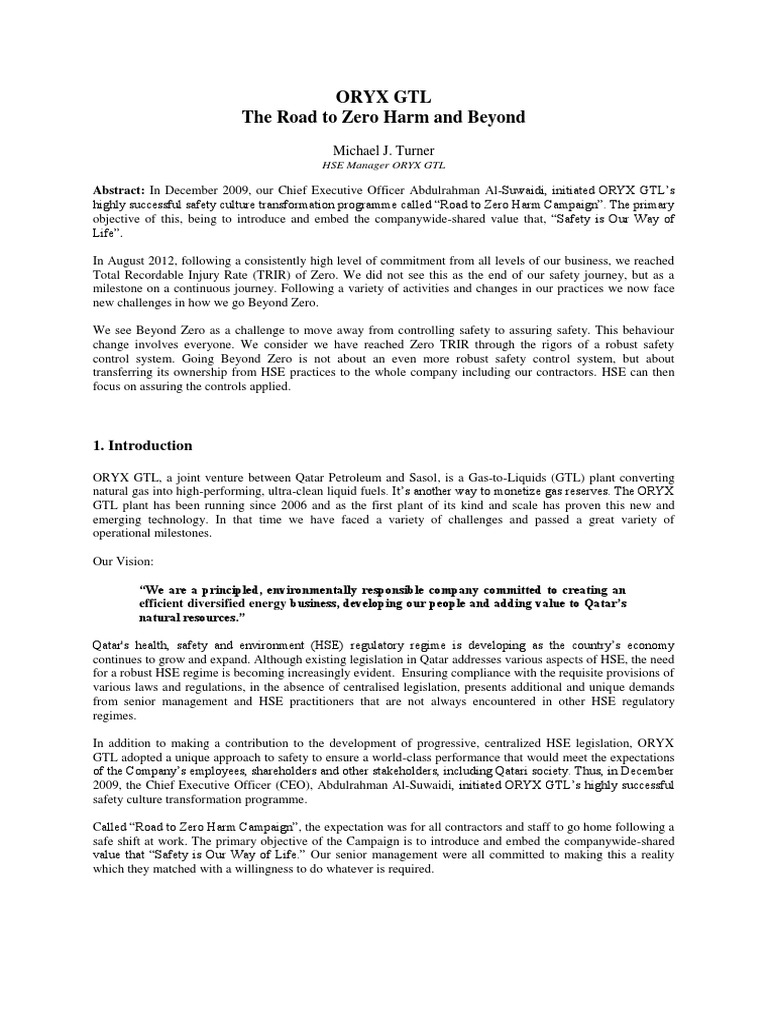 Beyond Zero Harm: ORYX GTL's Journey to Assuring Safety Culture Through ...