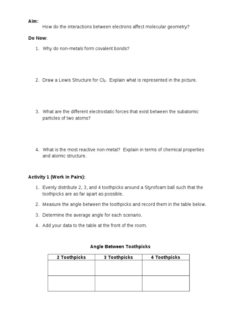 Molecular Geometry Lab Overview | PDF | Chemical Bond | Molecules