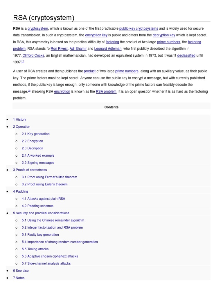 Rsa (Cryptosystem) : Rsaisa | PDF | Public Key Cryptography | Key ...