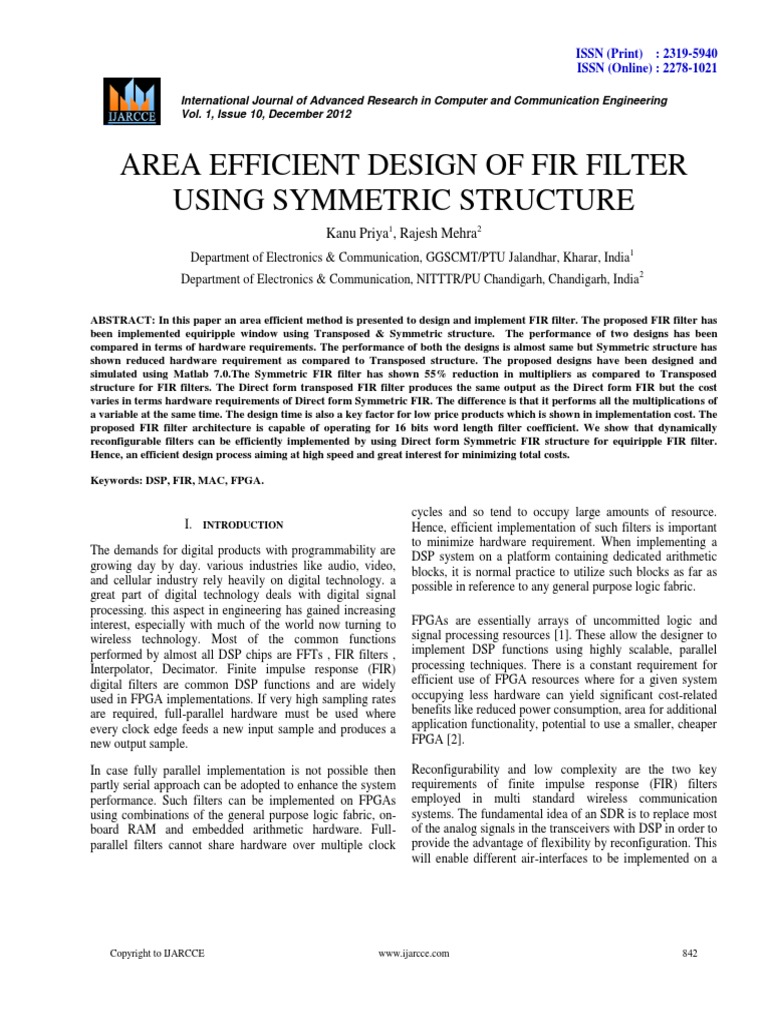 Area Efficient Design Of Fir Filter Using Symmetric Structure Pdf