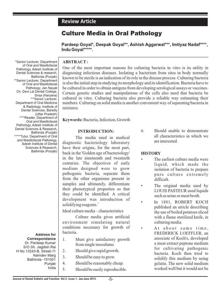 Culture Media Basics in Oral Pathology | PDF | Growth Medium | Bacteria
