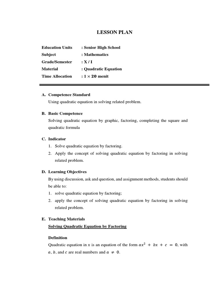 Class 10 Quadratic Equations Lesson Plan | PDF | Factorization ...