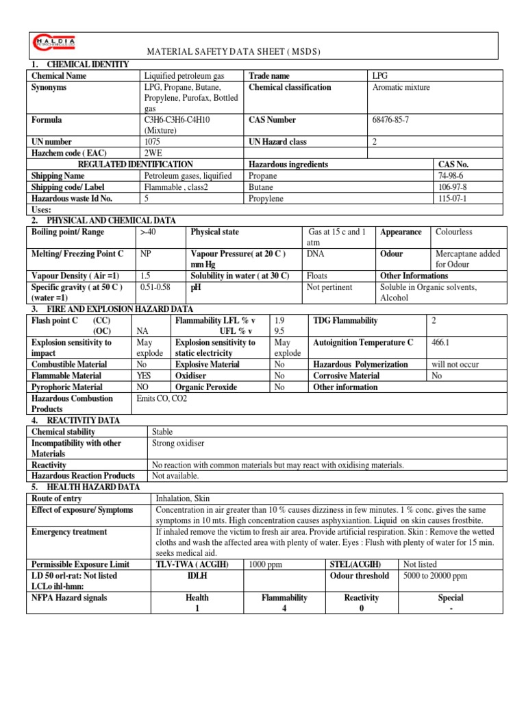 LPG MSDS | Liquefied Petroleum Gas | Water