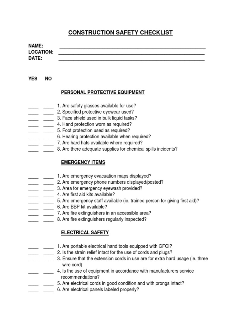 Construction Safety Checklist | PDF | Equipment | Safety