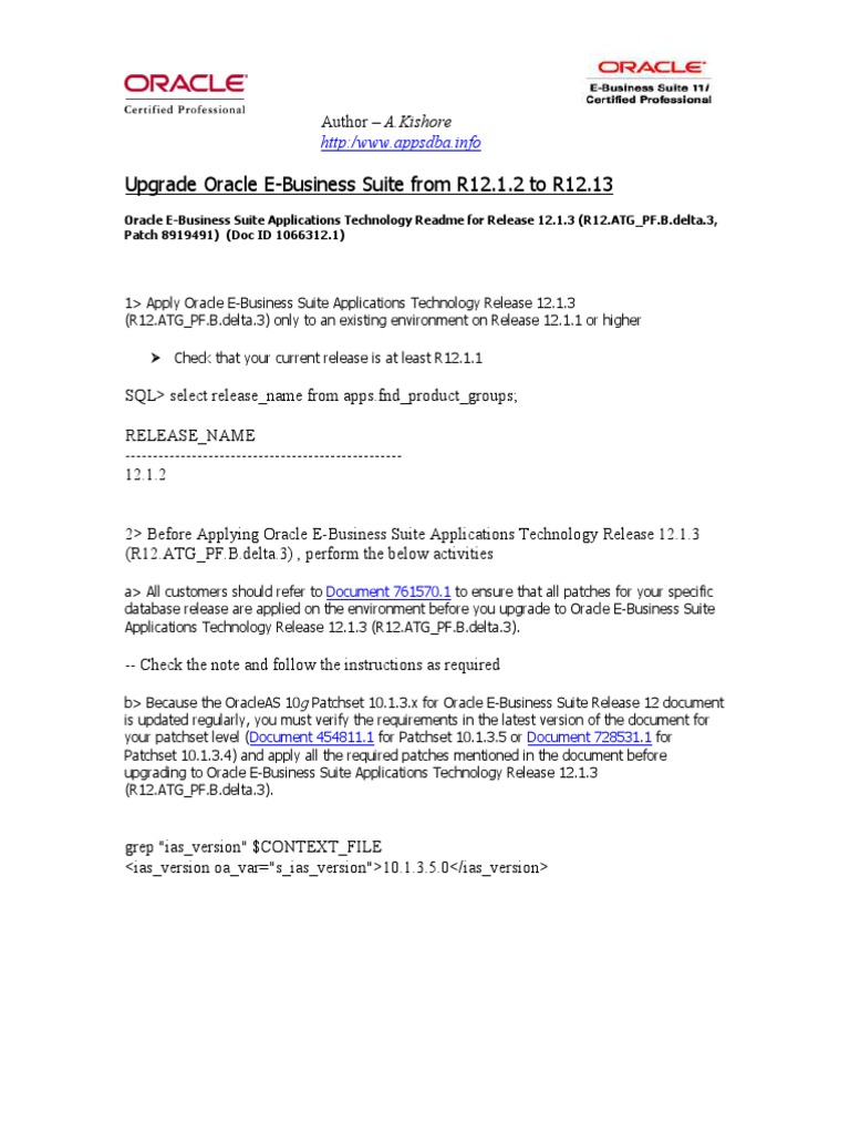 Upgrade Oracle E-Business Suite From R12.1.2 To R12.13 | PDF | Oracle Database | Zip (File Format)