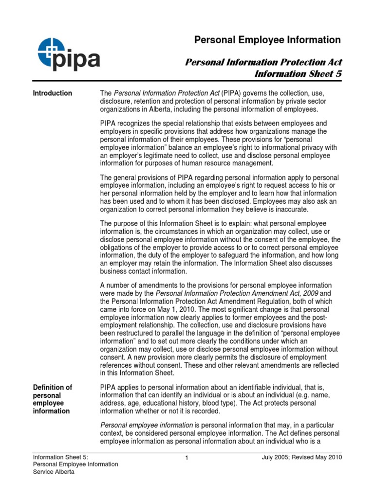 Personal Information Protection Act Information Sheet 5 | Download Free ...