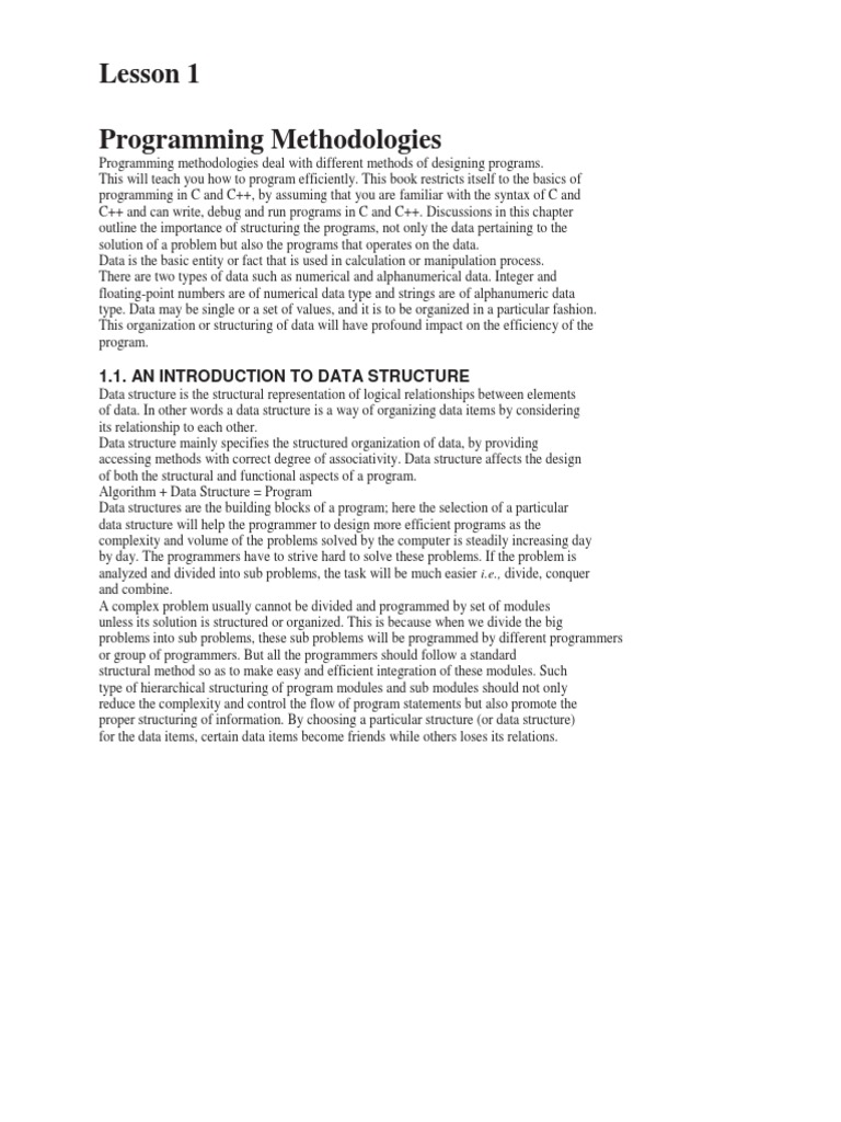 Lesson 1 Programming Methodologies 1 1 An Introduction To Data Structure Pdf Array Data