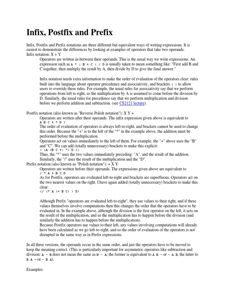 Infix, Postfix and Prefix: A (B + C) / D | PDF | Mathematical Notation | Computer Programming