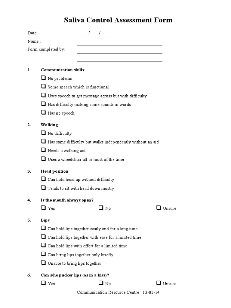 Saliva Control Assessment Form | PDF