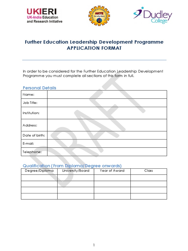 Further Education Leadership Development Programme Application Format | PDF