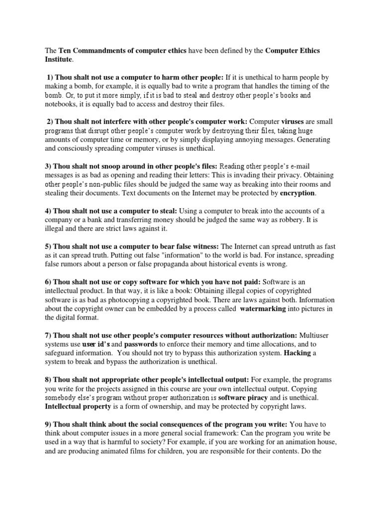 Ten Commandments of Computer Ethics | PDF | Copyright Infringement ...