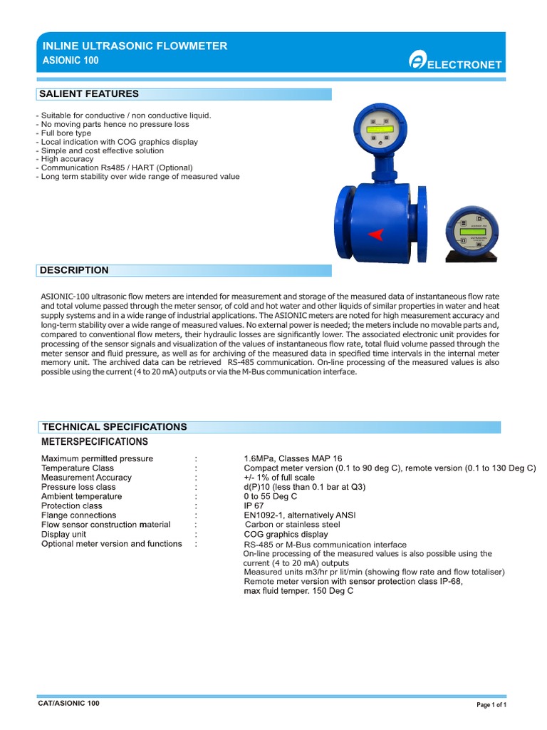Inline Ultrasonic Flowmeter Electronet Asionic 100: Salient Features ...