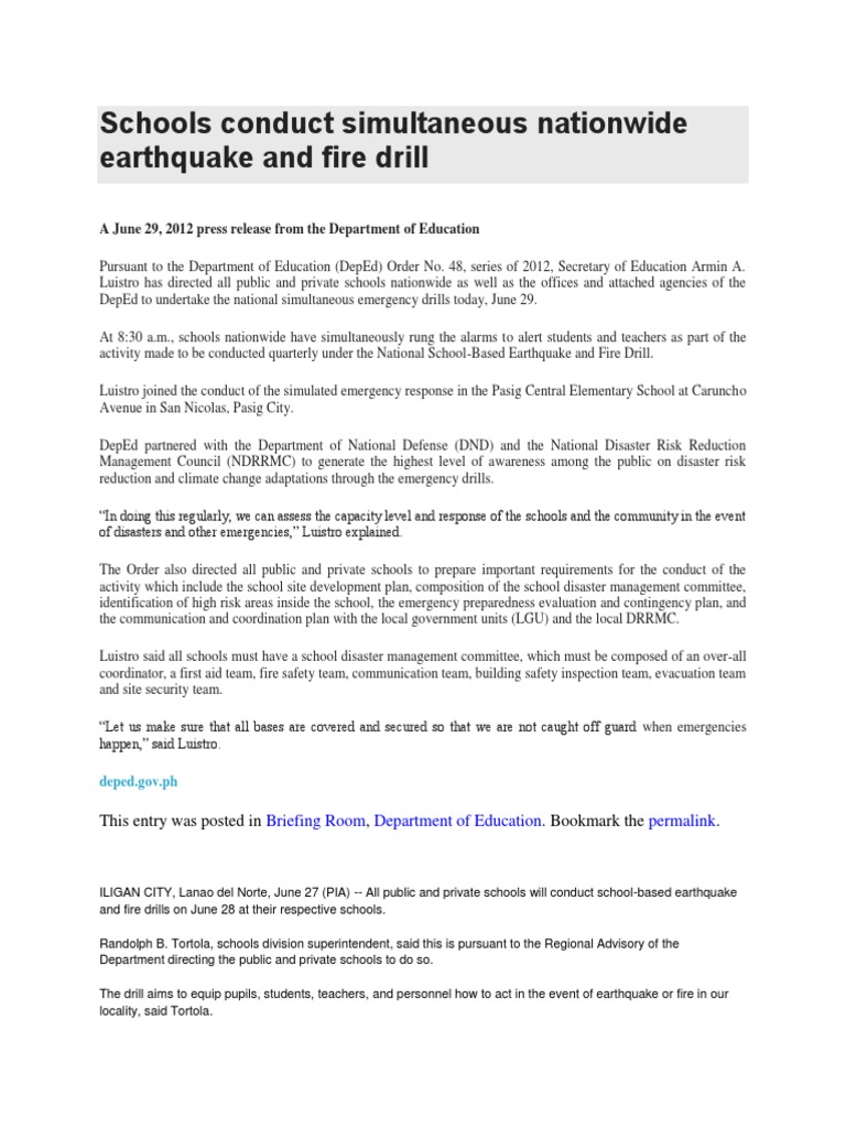Schools Conduct Simultaneous Nationwide Earthquake and Fire Drill ...