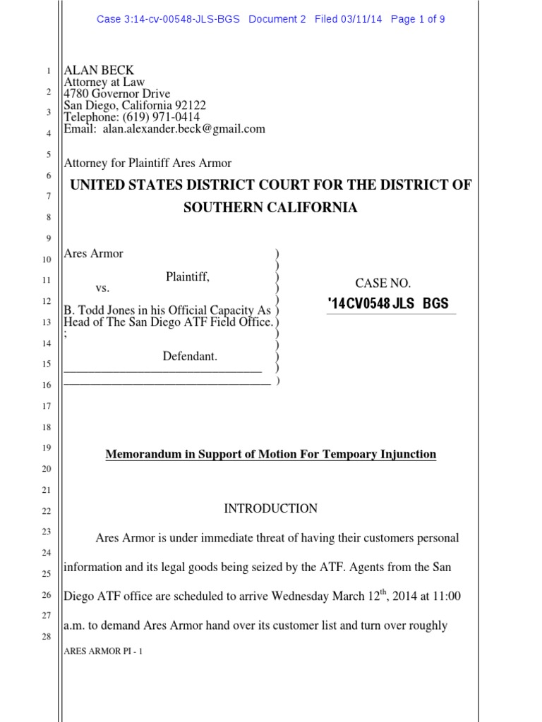 Ares Armor Motion For TRO | PDF | Standing (Law) | Bureau Of Alcohol