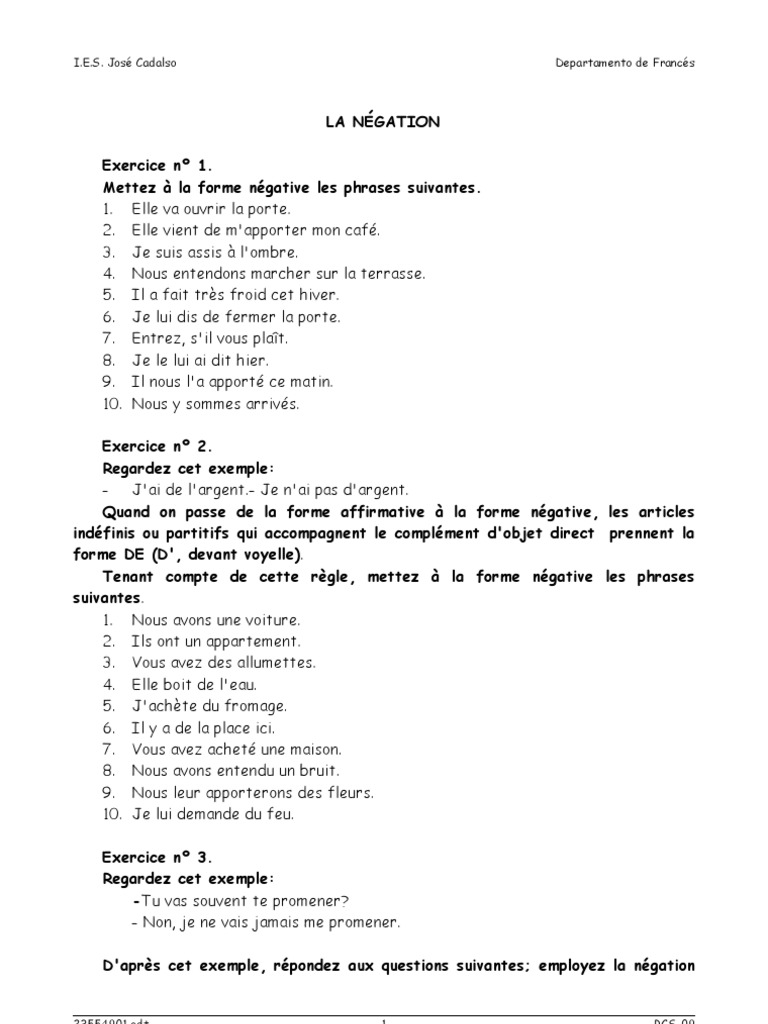 La Négation Exercices O09 | Sujet (Grammaire) | Grammaire