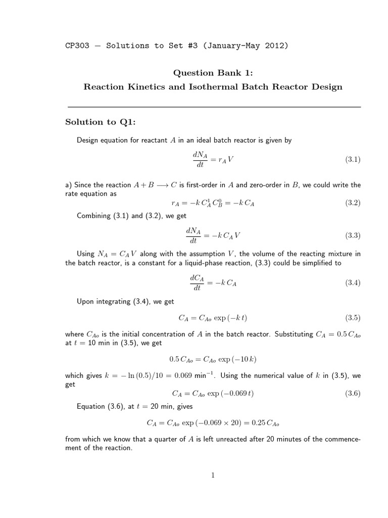 CP303 Solutions To Set #3 (January-May 2012) | PDF | Chemical Reactor ...