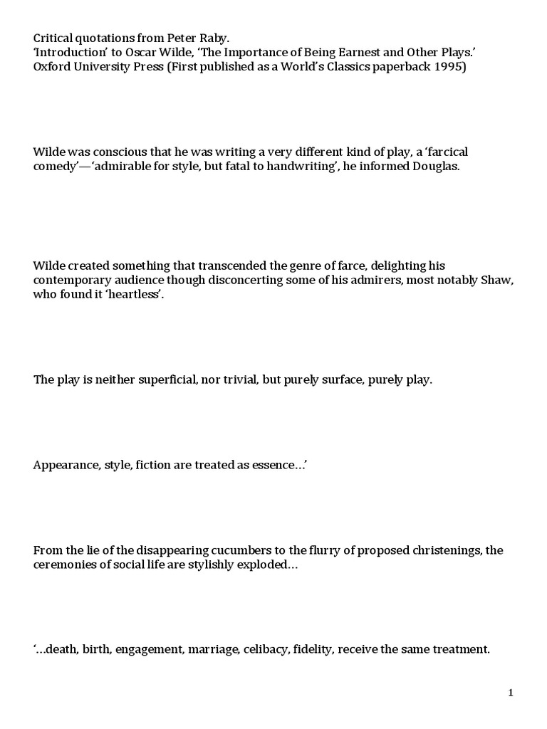 Peter Raby Critical Comments On The Importance of Being Earnest | PDF ...