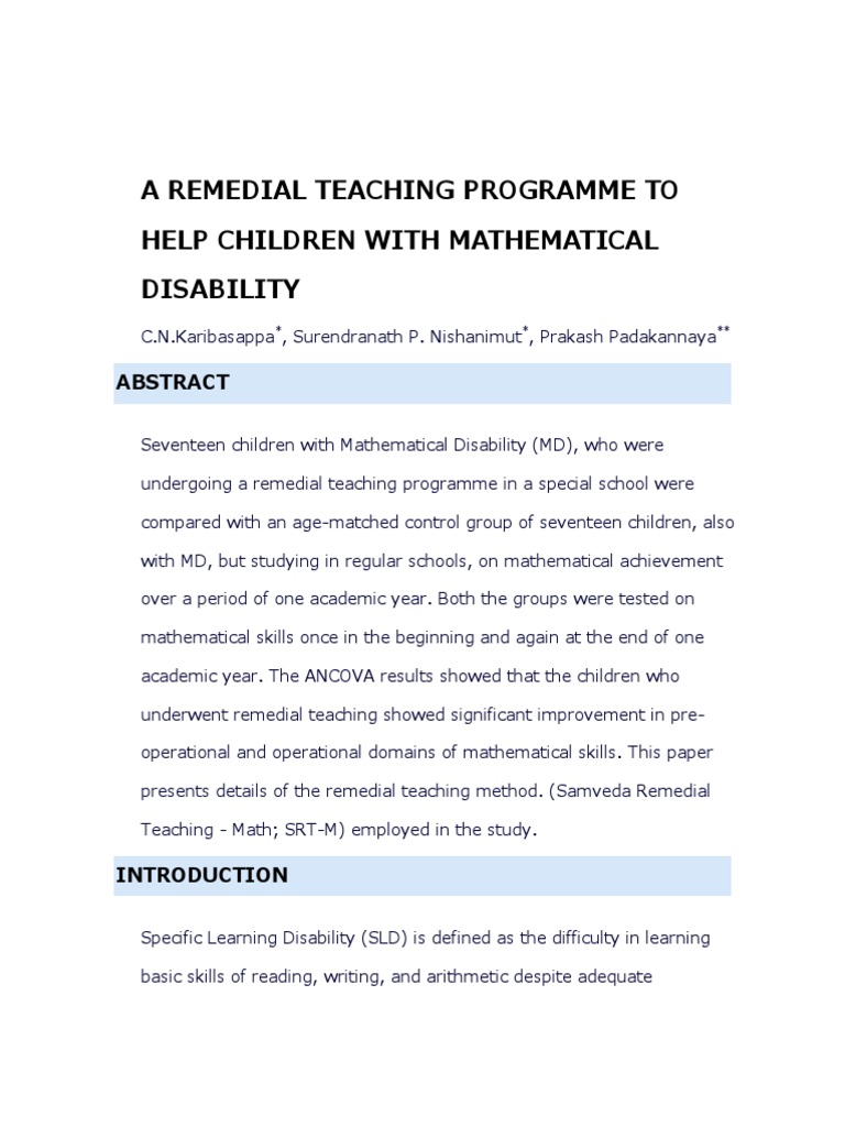 A Remedial Teaching Programme To Help Children With Mathematical ...