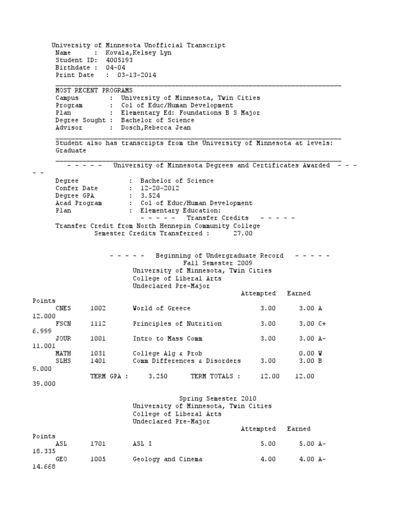 UMN Unofficial Transcript for Kelsey Kovala | PDF | University Of ...