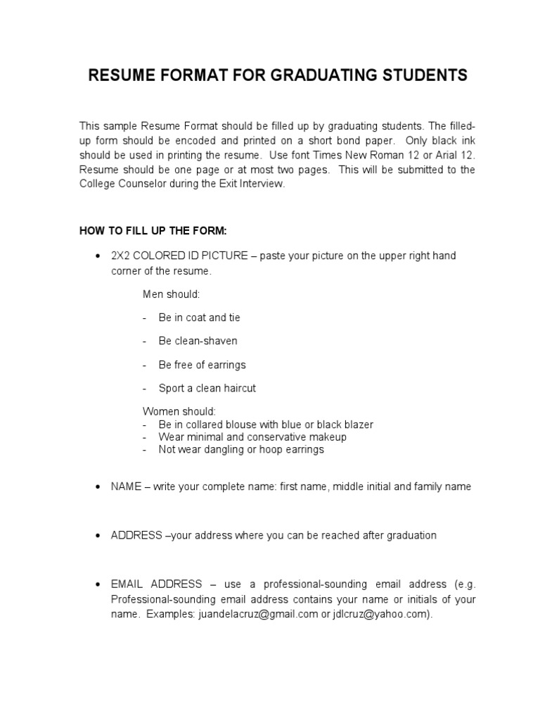 Resume Format For Graduating Students: How To Fill Up The Form | PDF ...