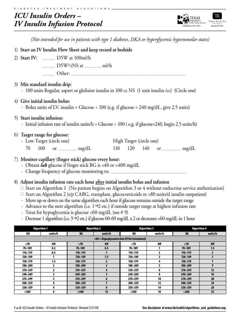 IV Insulin Infusion Protocol Texas | Hypoglycemia | Insulin | Free 30 ...
