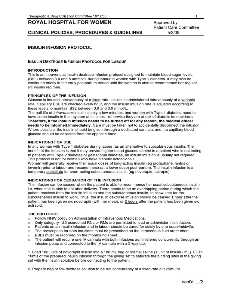 Insulin Infusion Protocol Labor | Intravenous Therapy | Insulin