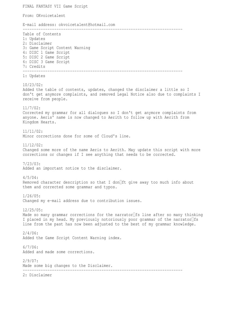 Final Fantasy Vii Game Script | Leisure