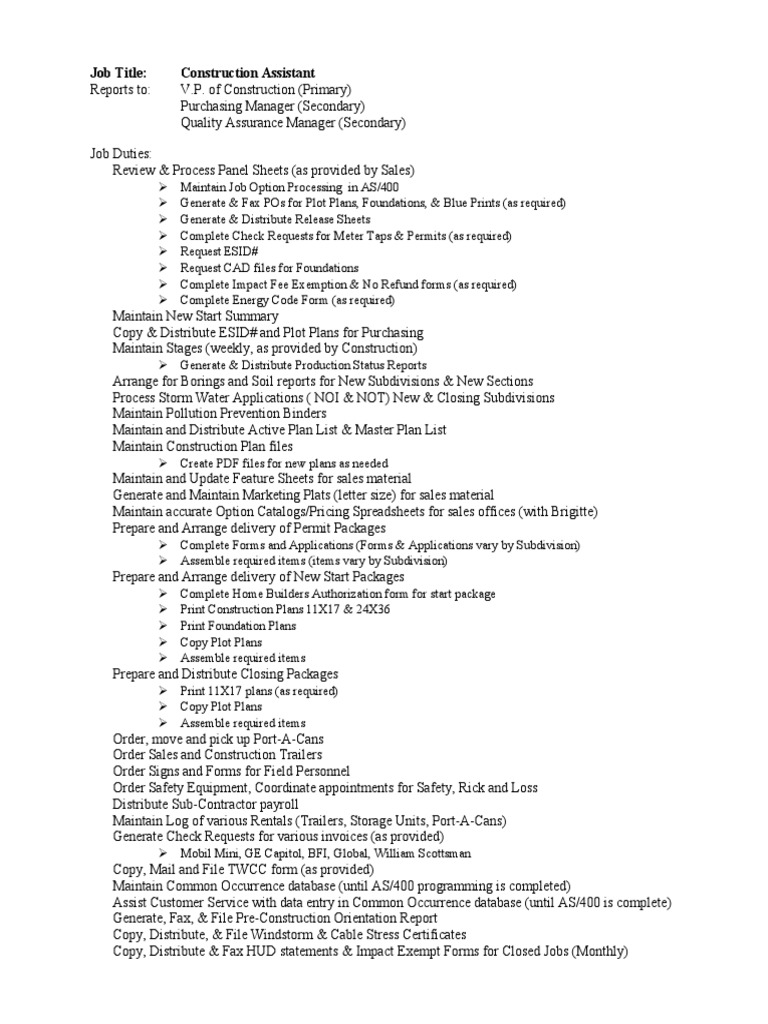 Construction Assistant Job Description | PDF | Computing | Business