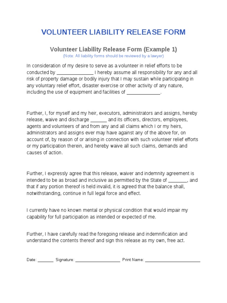 Volunteer Liability Release Form | PDF | Indemnity | Virtue