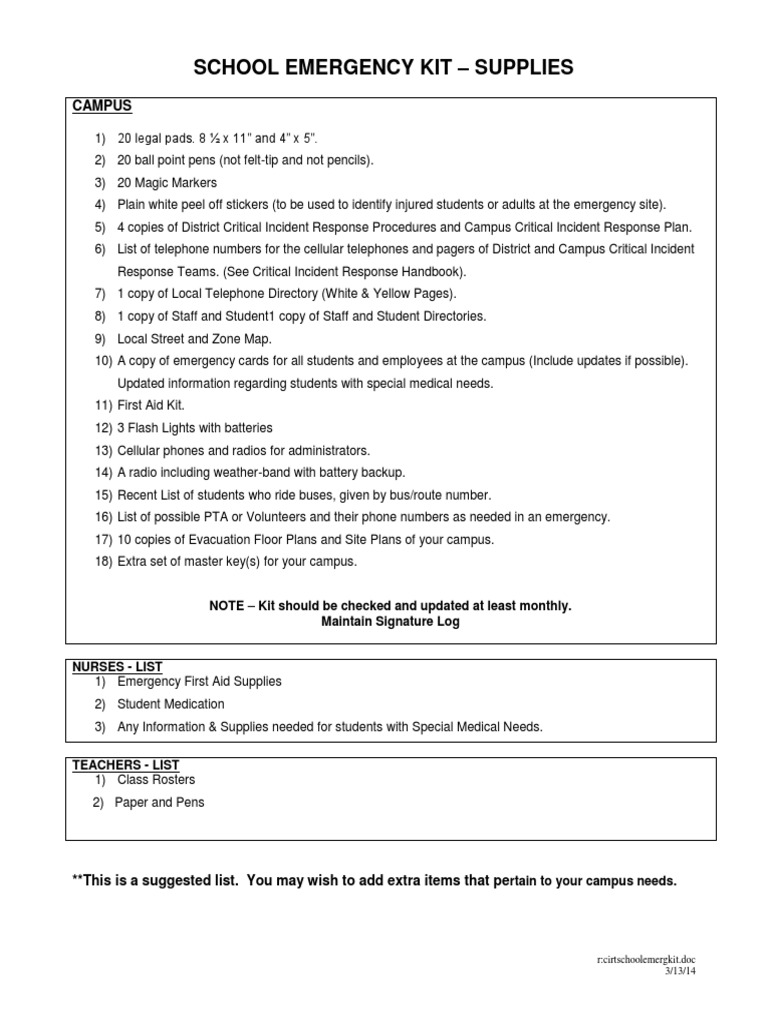 School Emergency Kit Supplies Checklist | PDF | Business | Science ...