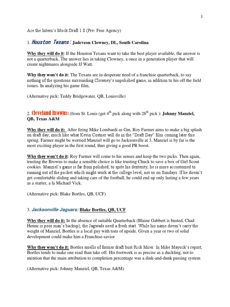 Intern Ace Mock Draft Version 1 | PDF | Atlanta Falcons | Oakland Raiders