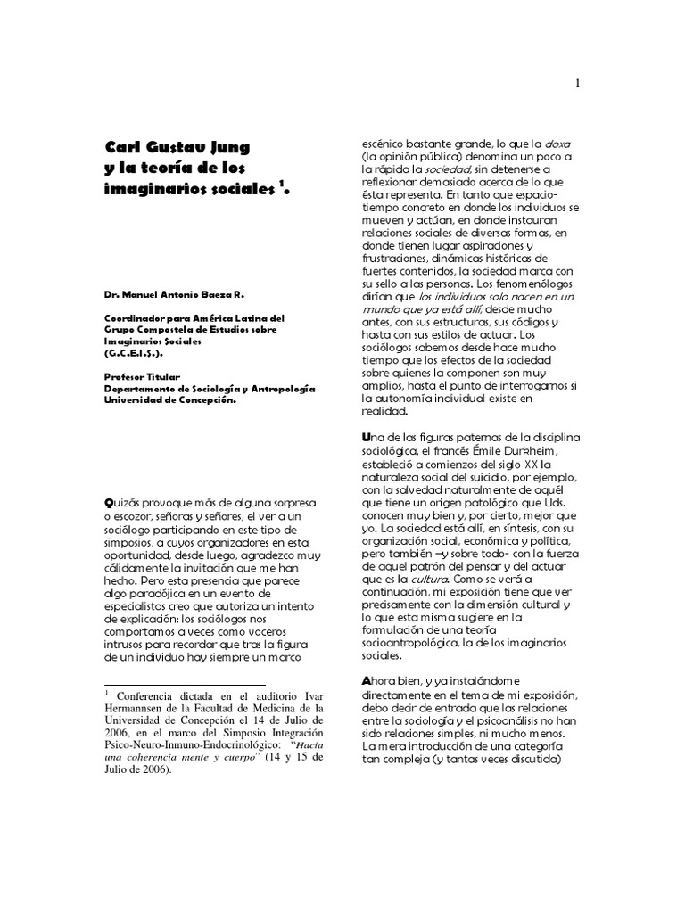 C.g.jung y La Teoria de Los Imaginarios Sociales (M.a.baeza) | PDF | Mente inconsciente | Carl Jung