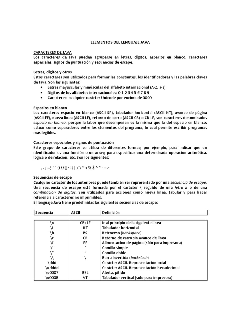 Elementos Del Lenguaje Java | PDF | Ascii | Java (lenguaje de programación)