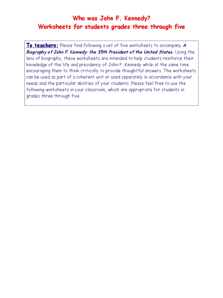 JFK Biography Worksheets for Kids | PDF