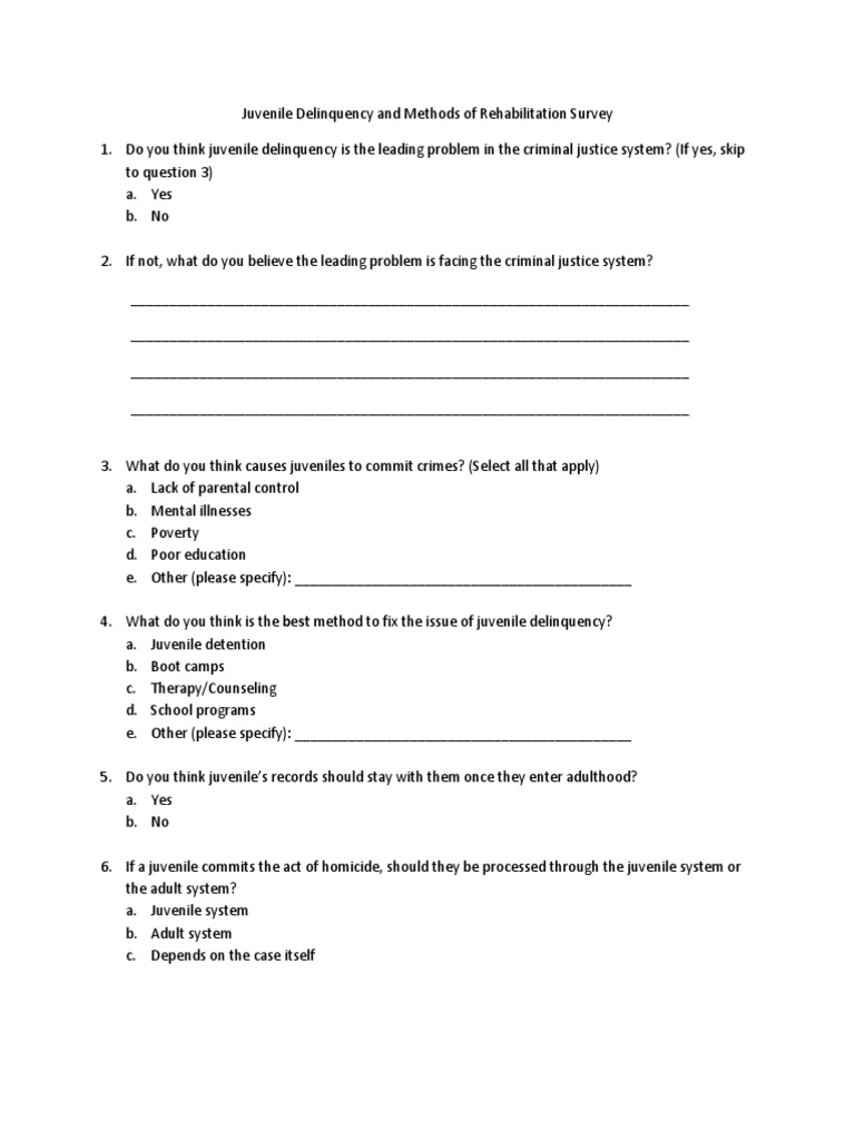 Juvenile Delinquency and Methods of Rehabilitation Survey | Juvenile ... Juvenile Delinquency and Methods of Rehabilitation Survey | Juvenile ...