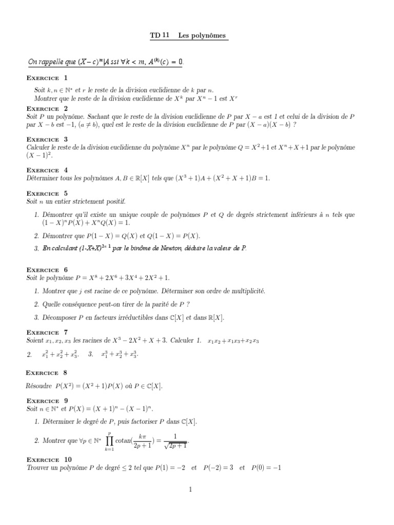 Exercices sur les polynômes et leurs propriétés | PDF | Polynôme ...