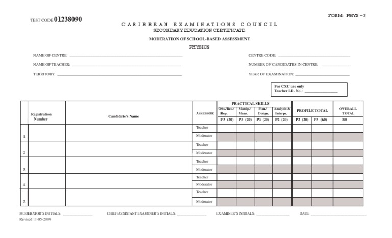 CSEC Physics SBA Moderation Form | PDF | Behavior Modification ...