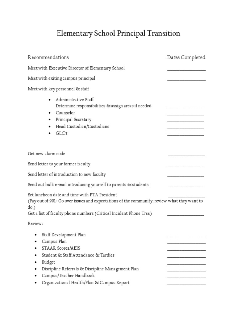 Principal's Beginning Year Checklist | PDF | Teachers | Schools