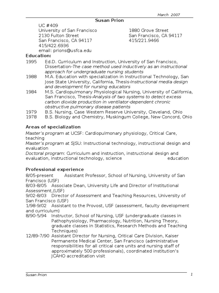 Prion, Susan CV 3-07 | PDF | University Of California | Nursing