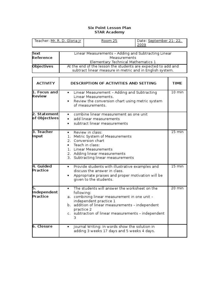 Six Point Lesson Plan STAR Academy Teacher: Mr. R. D. | PDF | Linearity ...
