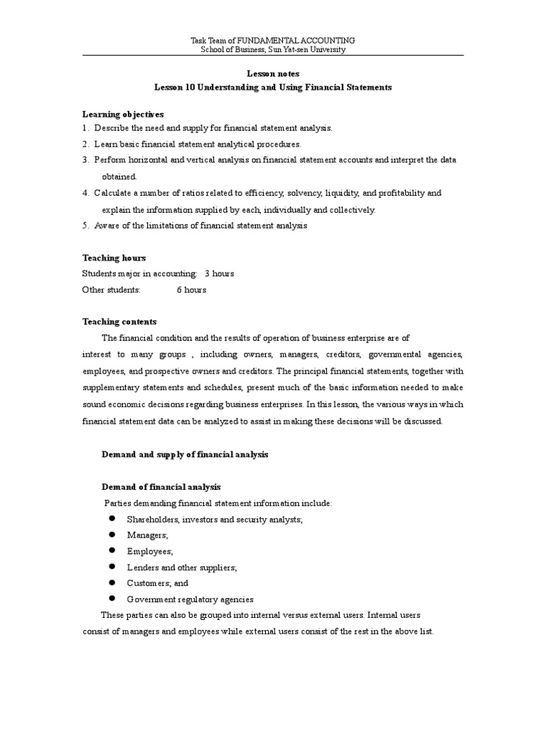 Lesson Notes Lesson 10 Understanding and Using Financial Statements ...