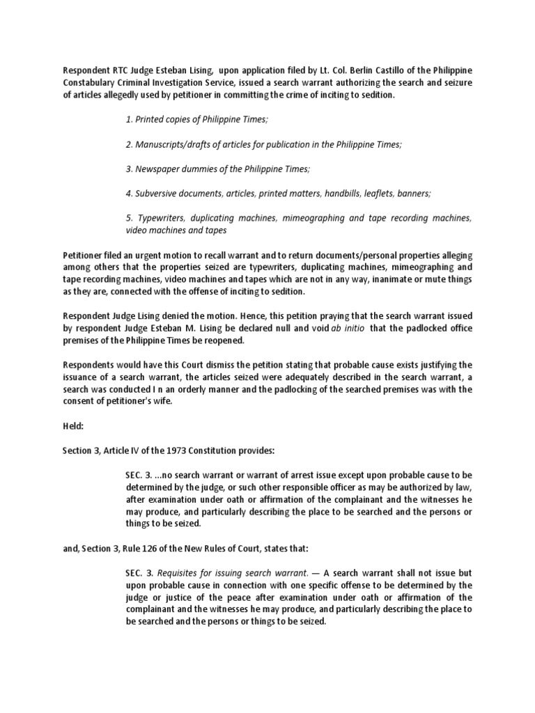 Invalid Search Warrant for Philippine Times | PDF | Search And Seizure ...