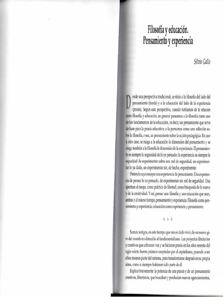 Silvio Gallo - Filosofia y Educacion. Pensamiento y Experiencia | PDF
