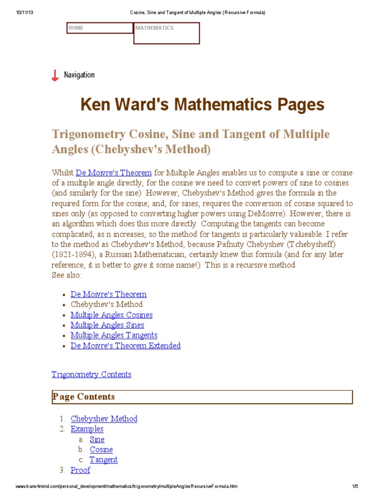 Cosine, Sine and Tangent of Multiple Angles (Recursive Formula) | PDF ...